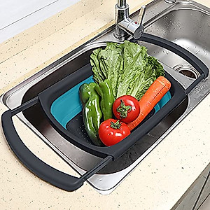 QiMH Collapsible Colanders Set of 3-1 PC 4 Quart Colander 1 PC 4 Quart Folding Basin and 1 PC 6 Quart(1.5 gal) Over the Sink Extendable Colander, Space-save Silicone Kitchen Foldable Food Strainer