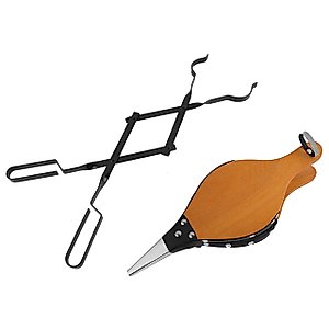 26-Inch Campfire Fireplace Tongs and Wood Fireplace Bellows Leather Fire Bellow Fire Pit Air Blower with Stainless Steel Nozzle, Outdoor Cooking Camping Chimney Pump Barbecue Fire Tools Accessories