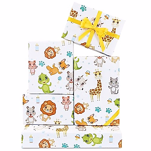 Animals Jungle Wrapping Paper for Baby Infant Boys Girls, Forest Giraffe Lion Dinosaur Pig Fox Feeder Gift Wrapping Paper Sheet with Ribbon for Baby Shower Birthday Kindergarten Newborn Children Kids