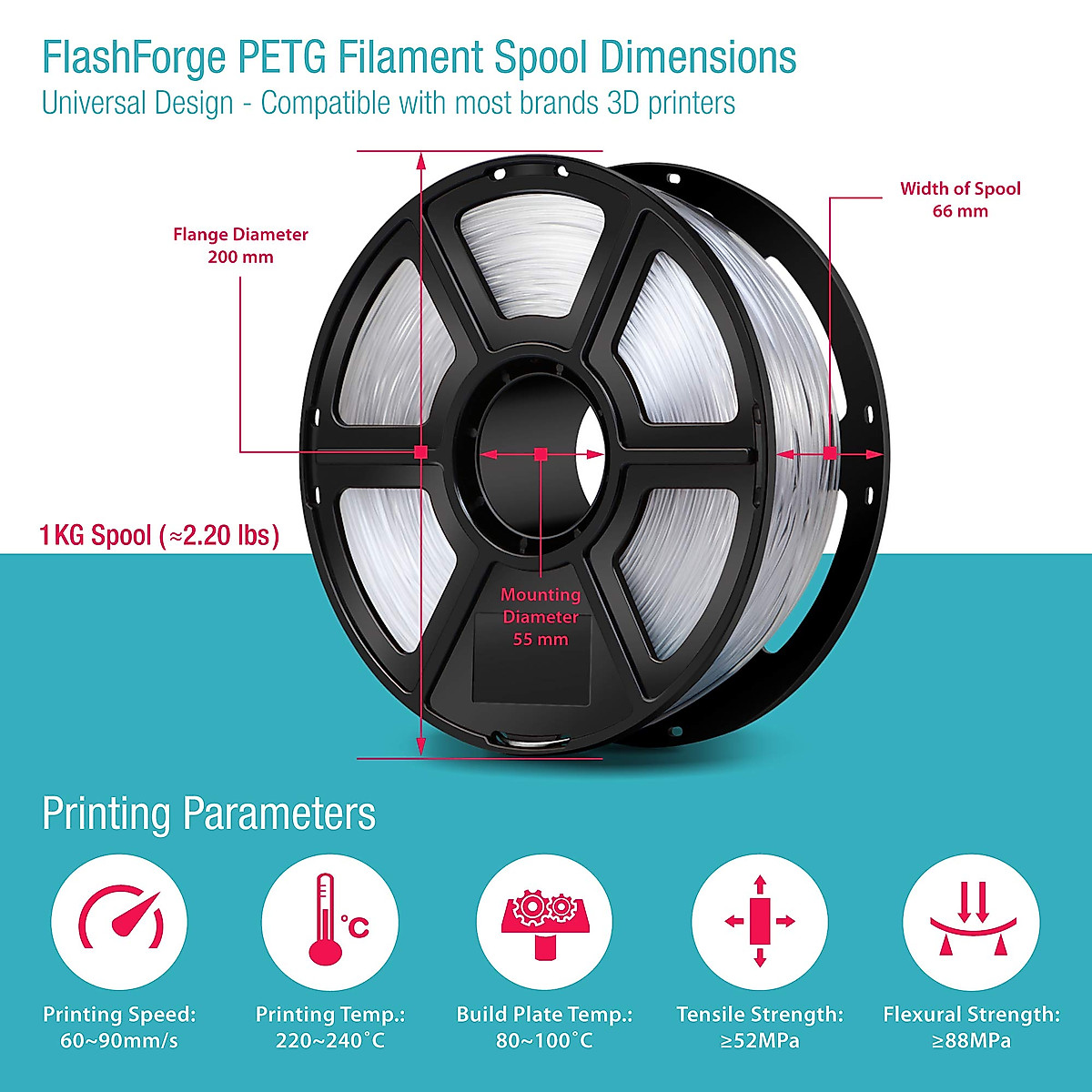 FLASHFORGE PETG 3D Printer Filament, 1.75mm (Clear/Natural Color), 1kg Spool (2.2lbs), Guaranteed Fresh, Dimensional Accuracy +/- 0.02mm, Tangle-Free, Fits Most FDM Printers [Risk-Free]