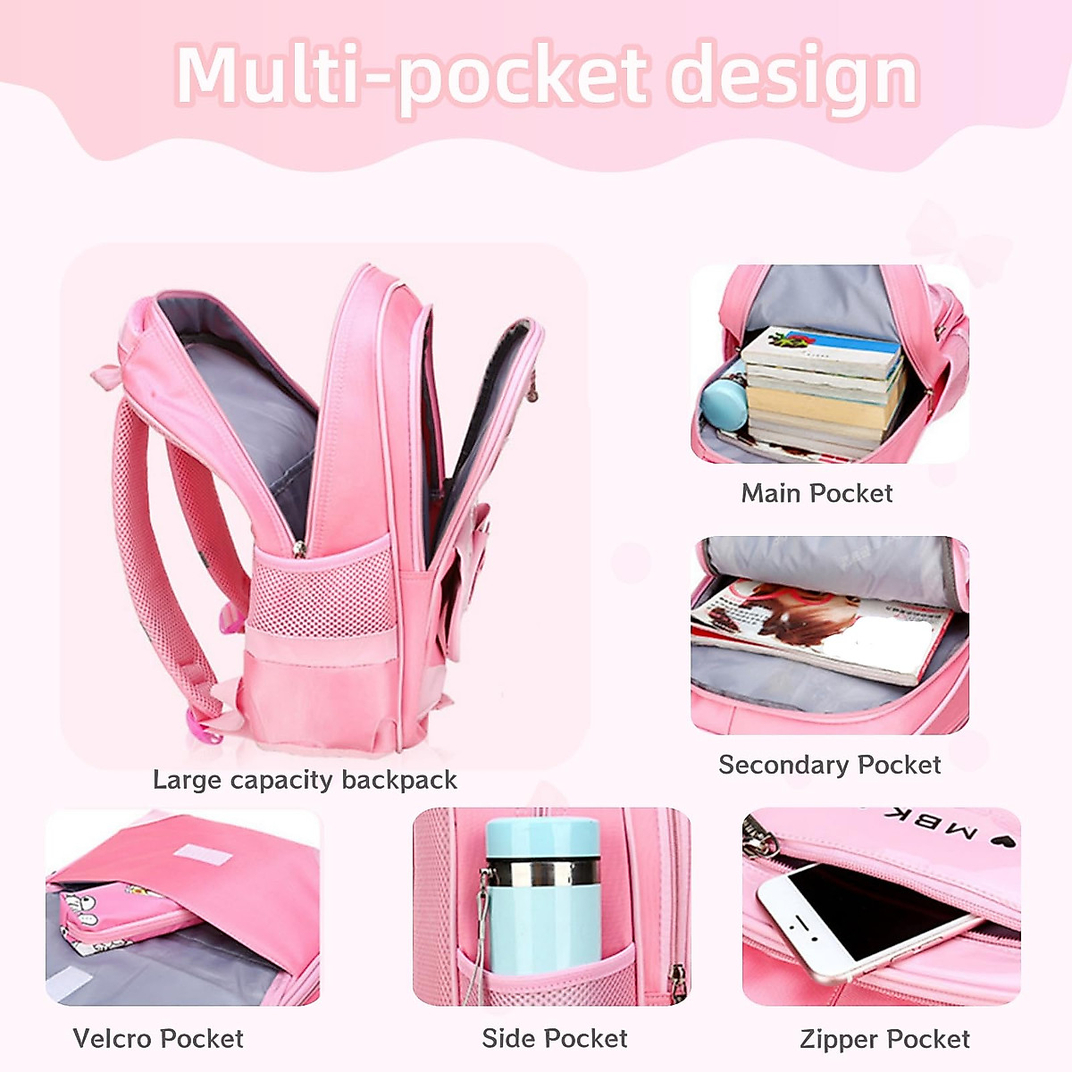 LANSHIYA 2Pcs Princess Bow Girls Backpack 2-Piece Elementary School Bag Kids School Travel Bag Set