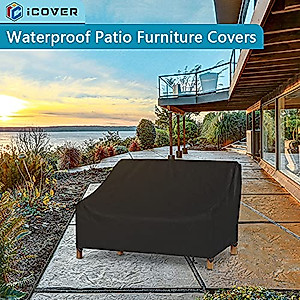 iCOVER Patio Sofa Cover, Waterproof 2-Seater Deep Lounge Loveseat Cover, Lightweight Easy On/Off, Buckles Drawstring Design,60"x34"x30" (LxDxH)