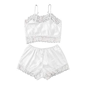 SweatyRocks Women's Satin Lace Sleepwear Spaghetti Strap Top and Shorts Pajama Set White M