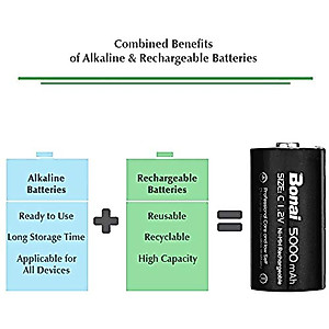 BONAI Rechargeable C Batteries 5,000mAh 1.2V Ni-MH High Capacity High Rate C Size Battery C Cell Rechargeable Batteries (8 Pack)