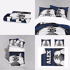 XIUCOO Personalized Soccer Ball Blue Duvet Cover Sets with Name Bedding Set 3 Pcs Quilt Cover with Zipper for Adult Birthday Gift,Queen Size