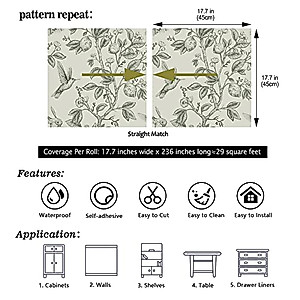 CHIHUT 17.7 inch × 236 inch Green Floral Peel and Stick Wallpaper Birds Self Adhesive Removable Wallpaper Waterproof Lemon Tree Floral Leaf Wall Decals Vinyl Prepasted for Bathroom Nursery Wall Decor