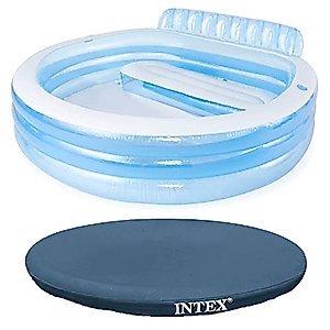 Intex Swim Center Round Inflatable Outdoor Above Ground Swimming Pool with Built-in Relaxing Lounge Bench and Protective Pool Cover