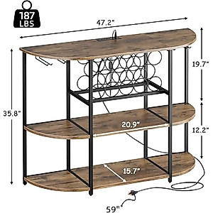 JUMMICO Wine Bar Cabinet with LED Light and Charging Station, Freestanding Wine Racks & Cabinet with 3 Tiers Storage Shelves and Footstands, Coffee Liquor Bar Cabinets for Home/Kitchen (Brown)