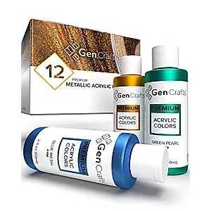 GenCrafts Metallic Acrylic Pouring Paint - Set of 12 Metallic Colors - Pre-Mixed High Flow & Ready to Pour - 2 oz./ 59 ml Bottles - Multi-purpose Paints for Canvas & Paper, Rocks, Wood and More
