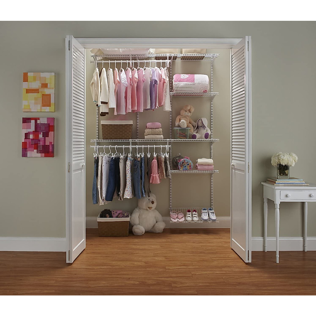 ClosetMaid ShelfTrack Wire Closet Organizer System, Adjustable from 5 to 8 Ft., With Shelves, Clothes Rods, Shoe Shelf, Hardware, Durable Steel, White