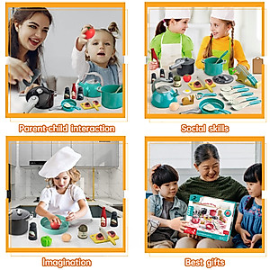 Zero Zoo 33Pcs Kids Kitchen Toy Accessories, Toddler Pretend Cooking Playset with Play Pots, Pans, Utensils, Cookware, Canned Vegetables, Cut Play Foods, Learning Gift for Girls Boys (33 Pcs-Green)