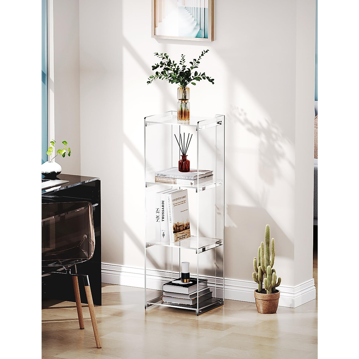 Acrylic Bookcase Cube Storage Bookshelf, Standing Display Bookshelf Floor Standing Bookshelf for Bedroom Living Room (Clear 3cube)