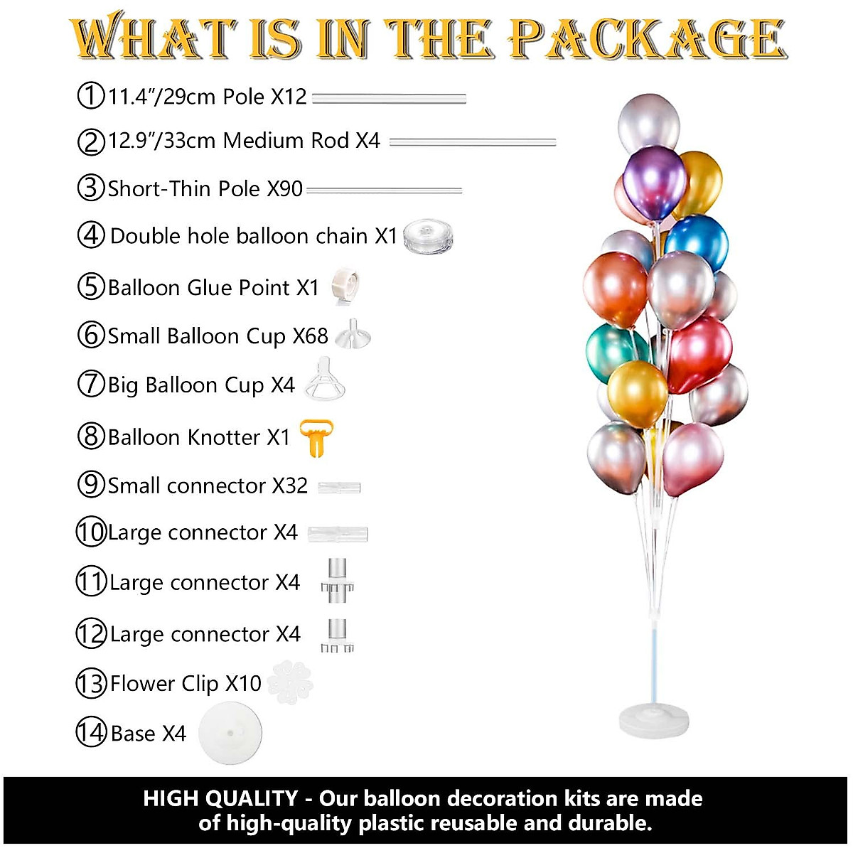 4 Set Balloon Column Stand Kit 5 FT, Balloon Flower Clips, Balloon Decorating Strips, Glue Points, Knotter for Birthday Baby Shower Wedding Graduation Christmas Bachelorette Holiday Party