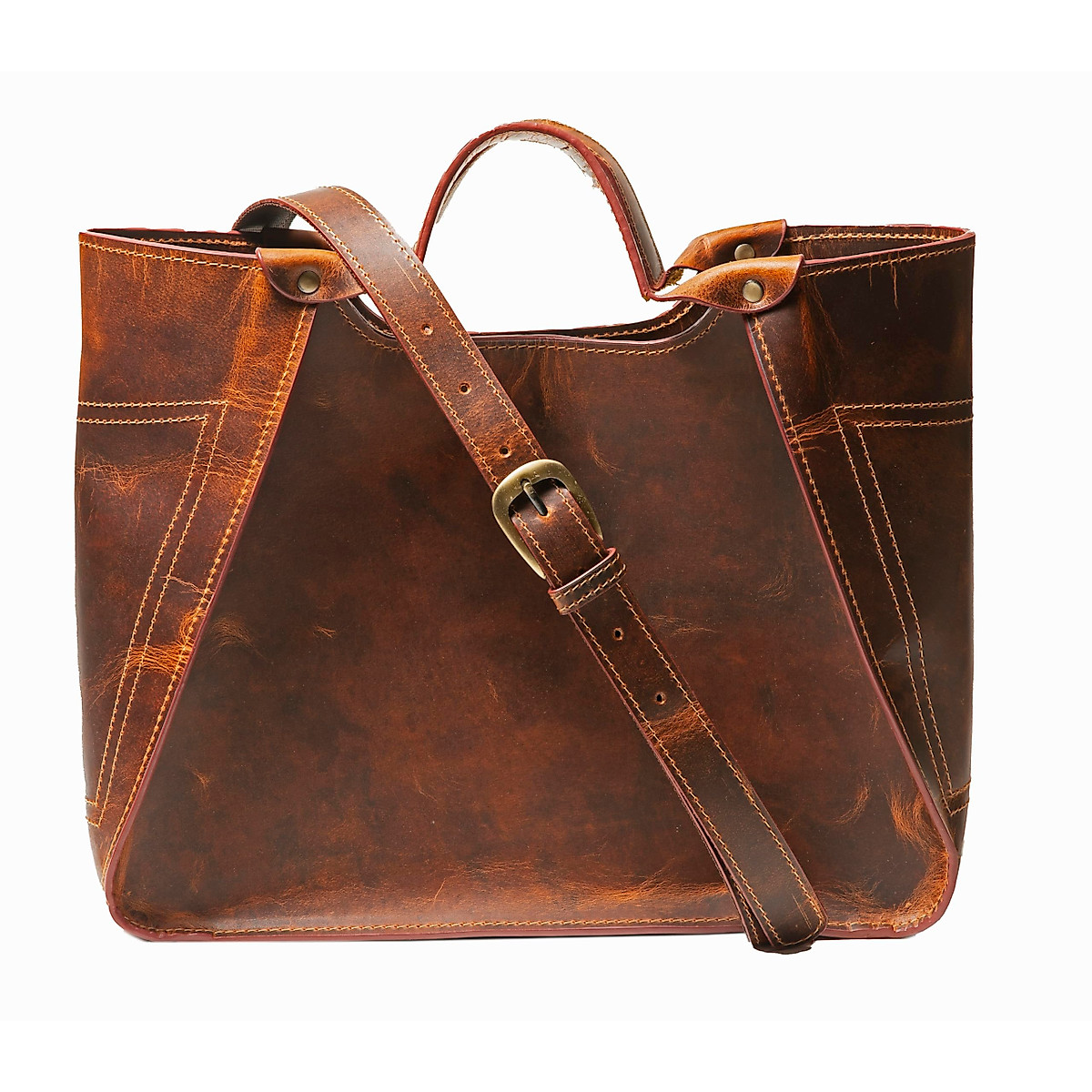 Genuine Full Grain Leather Shoulder Tote Bag for Women Large Handbag Designer Ladies Purse Satchel Travel Bag (Red Brown Tote Bag)