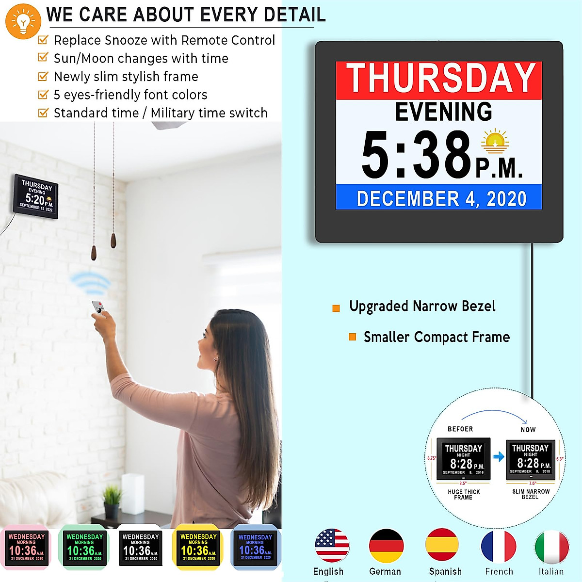 Véfaîî Digital Clock 2.0 with Date and Time for Elderly, 19 Alarms Custom Reminders, Dementia Clock for Seniors, Loud Alarms, Auto DST, Memory Function, Easy to Read (8" Large Black)