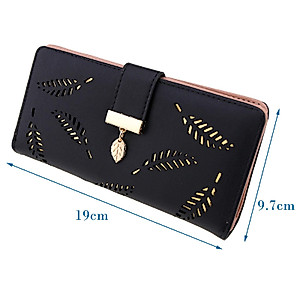 Create idea Black Women Long Leaf Bifold Wallet Purse Clutch Card Holder Synthetic Material Leaf-shaped Metal Pendant Purse