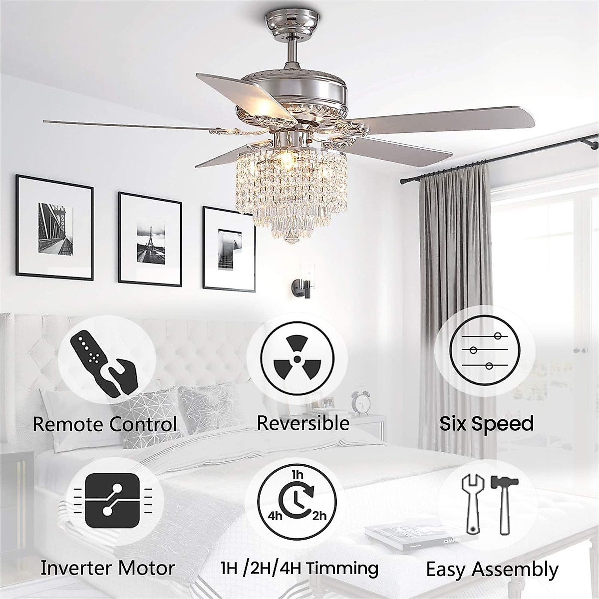 Moooni 52 Inch Modern Crystal Ceiling Fan with Lights and Remote, Elegant Chandelier Fan Light KIt Fandelier with 5 Wooden Blades for Bedroom Living Room Silver