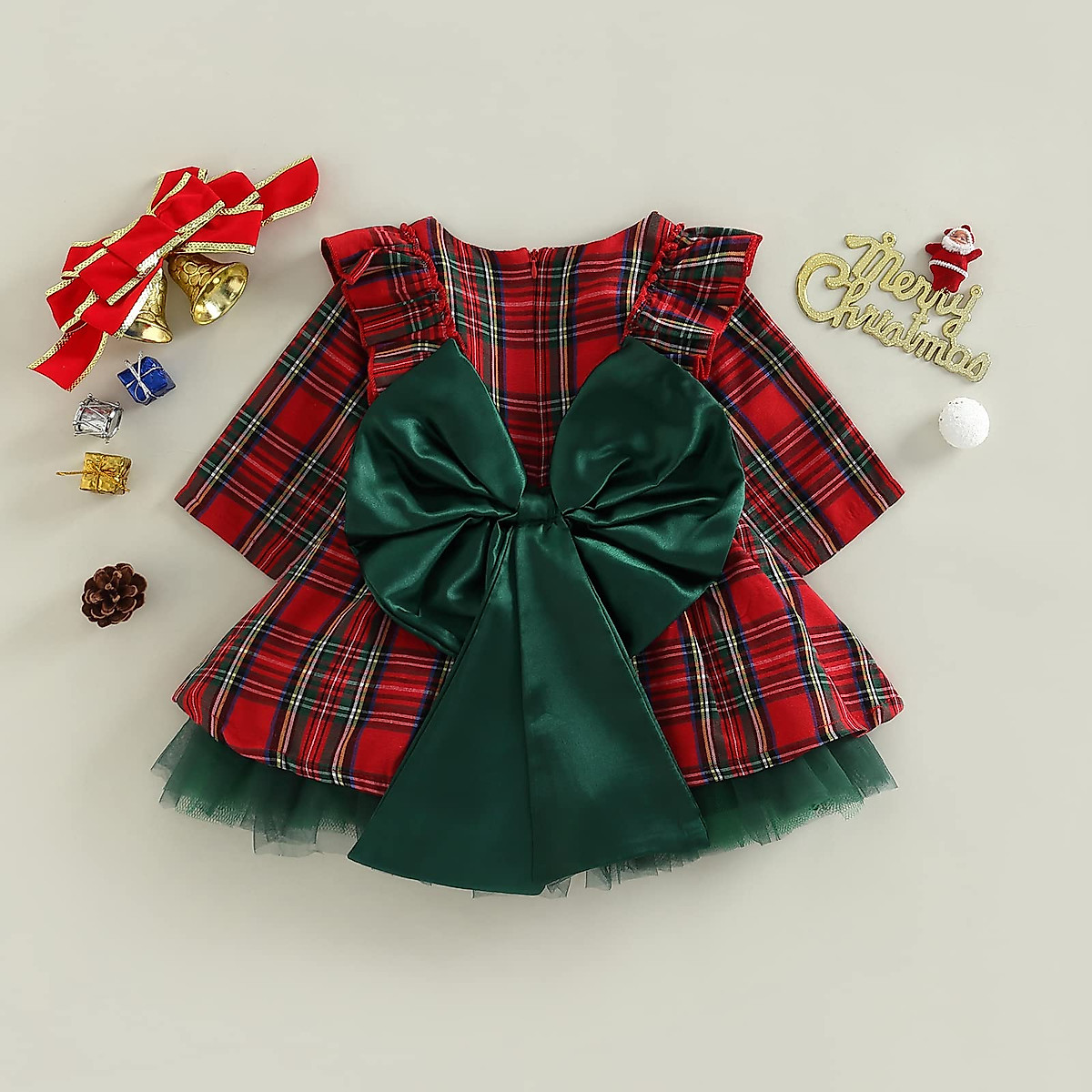 Toddler Baby Girl Christmas Dress Cute Long Sleeve Red Green Plaid Princess Tulle Tutu Dress with Bowknot Outfit (4-5T, Plaid Tutu Dress Green)