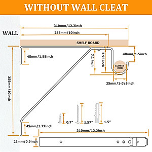 YISHELFS Heavy Duty Closet Rod Bracket, Adjustable Closet Shelf & Rod Brackets White Closet Rod Holders for 3/4" Wall Cleat, Adjustable for Rear Cleat Strip, Closet Rod Support Bracket, Set of 2