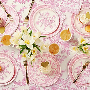 Coterie Pink Toile Paper Tablecloth | Rectangle Tablecloth/Table Cover for Bridal and Baby Shower, Tea Party, Garden Party, Birthday Party | 8.5' by 4.5' Table Cloth Rectangle Table