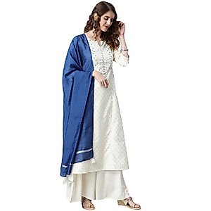 Janasya Indian Women's Off- White Yoke Printed Poly Silk Kurta with Palazzo and Dupatta