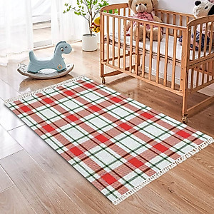 DGAIER Boho Area Rug Christmas and New Year Tartan Plaid Scottish in White red and Green Play Mat Runner Carpet Minimalist Room Decor Indoor Outdoor Woven Rug Entryway Laundry Room Bedroom Rug 3x5'