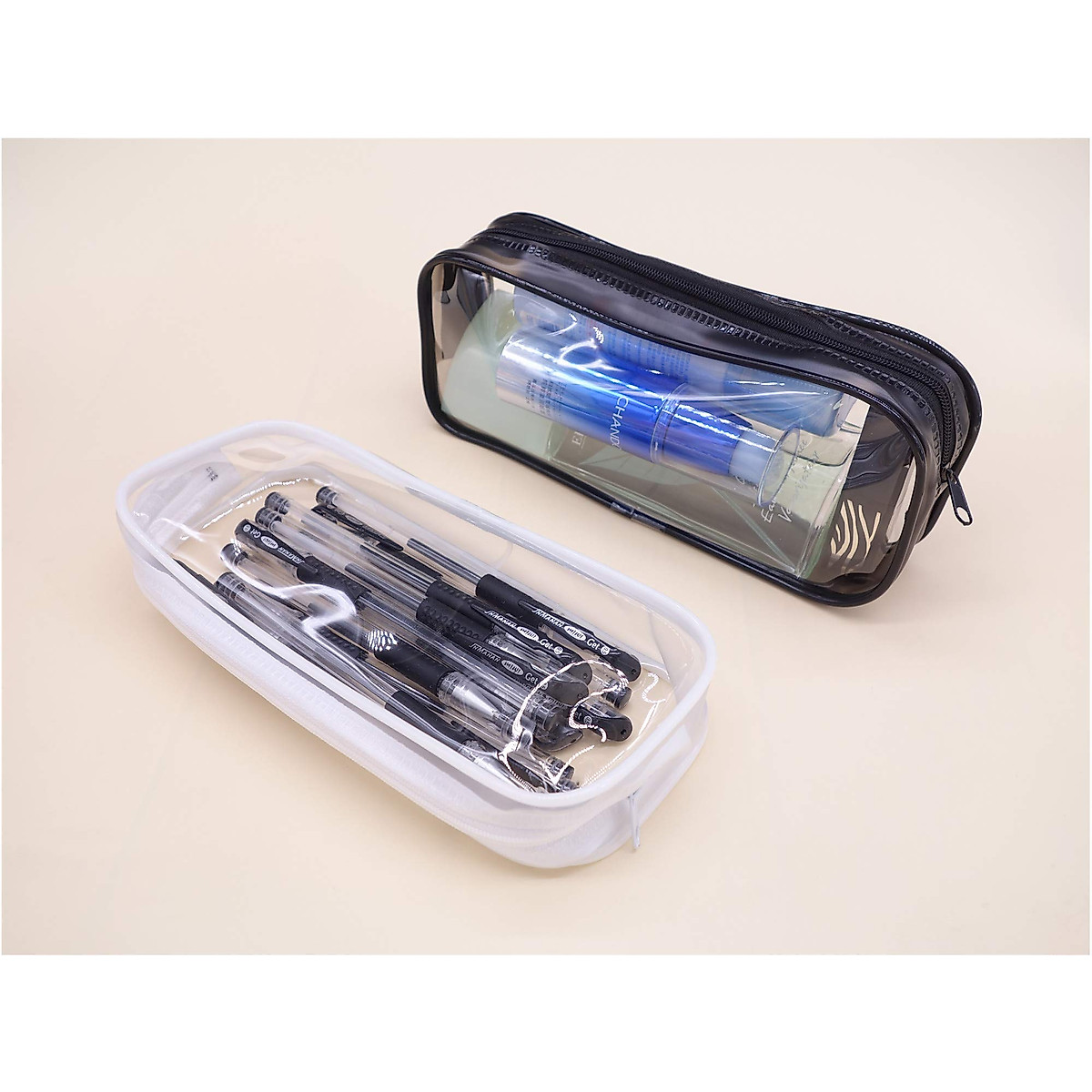 Pack of 4 Clear PVC Pencil Pouch with Zipper, Portable Transparent Big Capacity Pencil Case Makeup Bag for Stationery and Travel Toiletries Organizing(Black and White)