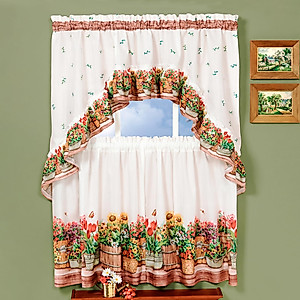 Light Filtering Printed Tier & Swag Window Curtain Set - 36 Inch Length, 57 Inch Width - Country Garden - Machine Washable Polyester Drape for Kitchen, Living, & Dining Room by Achim Home Decor