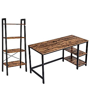VASAGLE Computer Desk and 4-Tier Storage Shelf Bundle, 55 Inch Writing Desk with 2 Storage Shelves, Ladder Shelf with X-Bar, Steel Frame, Rustic Brown and Black ULWD55X and ULLS44X