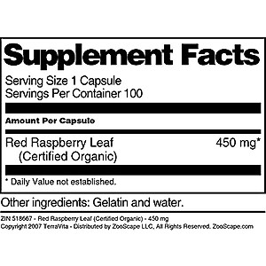 Red Raspberry Leaf (Certified Organic) - 450 mg (100 Capsules, ZIN: 518667) - 2 Pack