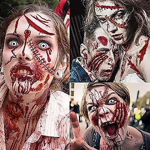 30 Sheets 215+ PCS 3D Fake Scars Tattoo Temporary Halloween Makeup Kit, Fake Stitches Tattoos Blood Chucky Scars Tatoos For Kids Women Men Boys Girls Sticker For 2023 Halloween Decoration