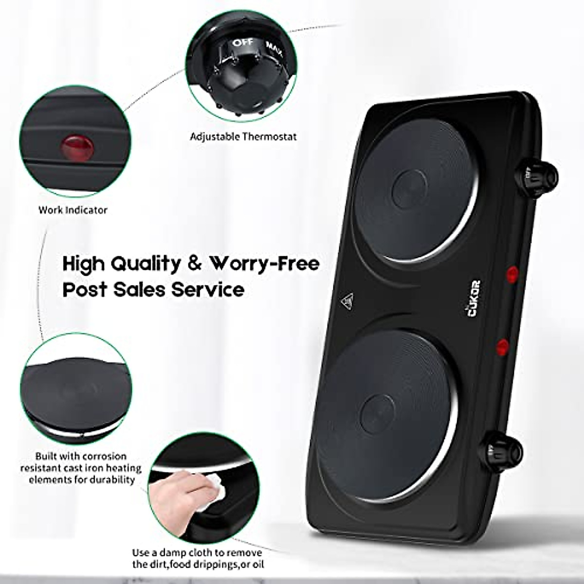 CUKOR Electric Hot Plate, 1800W Countertop Burner, Dual Electric Stove, Portabel Electric Cooktop,Portabel Double Burner for Cooking