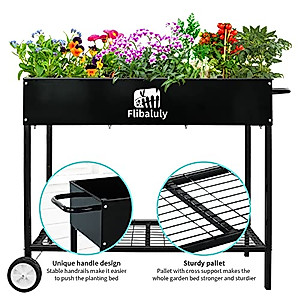 Flibaluly Raised Garden Bed with Wheels Metal Mobile Elevated Planter Box with Bottom Shelf for Storing Tools,for Vegetables Herbs Flowers(Black)