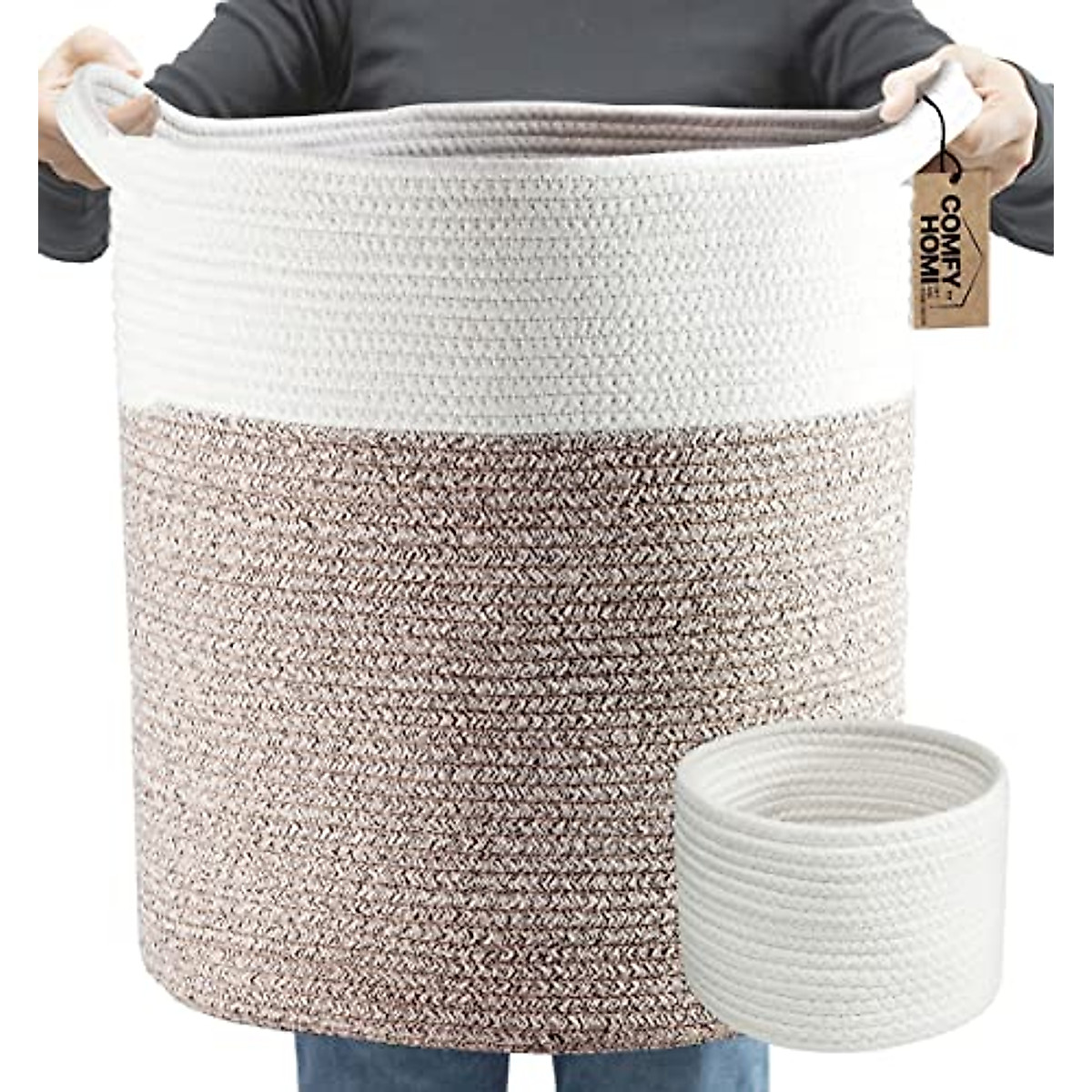 Laundry Basket 2pc by COMFY-HOMI Large Basket 18"X16" Tall Woven Cotton rope Basket with Handles Decorative Basket for Blankets Round Storage Basket for living room,Clothes,Pillows,Towels(White Brown)