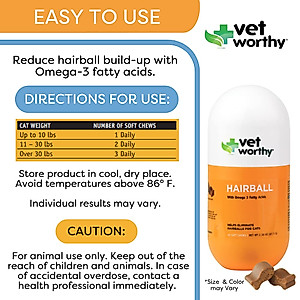 Vet Worthy Hairball Soft Chew for Cats Hairball Remedy for Cats for Digestive Aid and Hairball - Cat Supplement with Omega 3, Psyllium Husk, Brewers Yeast, Wild Alaskan Salmon Oil-45 Soft Chews