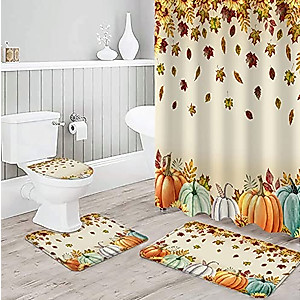 Fall Pumpkin Leaves Bathroom Set with Shower Curtain and Rug Accessories -36x72 Inches Long Stall Curtain with Large Bath Mat,Bathtub Floor Runner Rug Set,Hooks Autumn Thanksgiving Sunflower Holiday