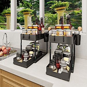 Under Sink Organizers and Storage - Adjustable Height Sliding 2-Tier Pull Out Drawer Rack Multi-Purpose Under Sink Shelf Organizer for Kitchen Bathroom Under Counter Cabinet Storage (Black-2pcs)