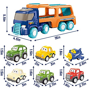 FGSOSO Toys for 1 2 3 4 5 Year Old Boy,7 in 1 Cartoon Vehicles Playset Carrier Car Toy Truck Transport Car with Lights and Melodys,Friction Power Push and Go Toys Car for Toddler Party Birthday Gifts