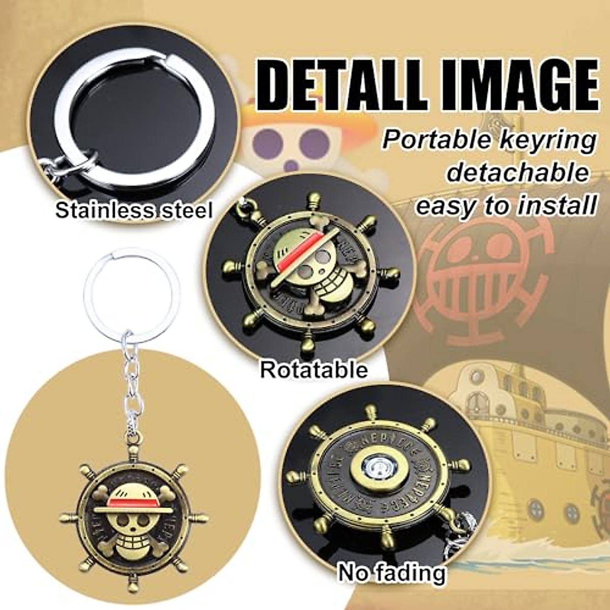 Bkinpid Anime Luffy Keychain One Piece Keychain Pirate Skull Key Chain Rotatable Keyring