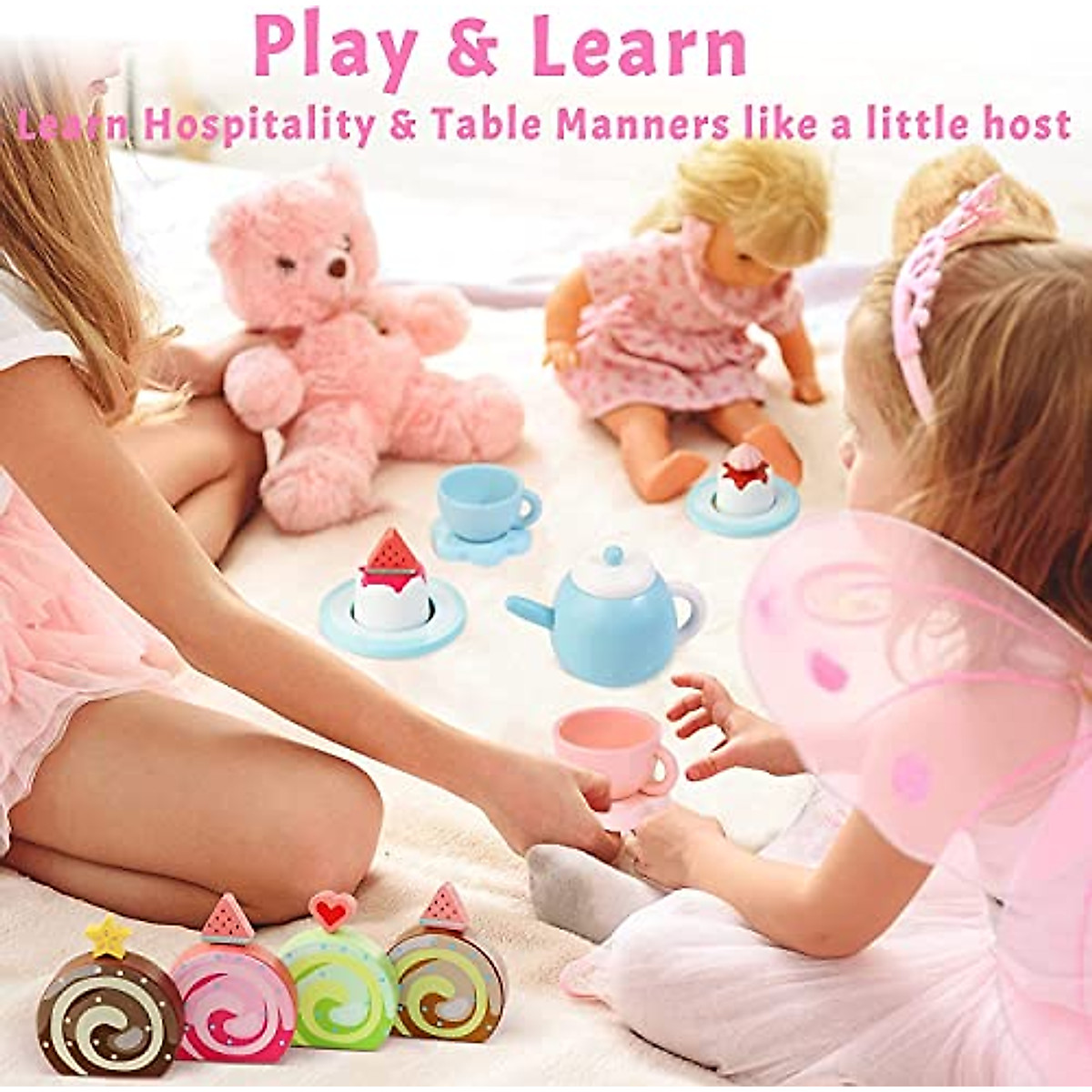 Lawcephun Wooden Tea Party Set for Little Girls, 30pcs Princess Tea Set Toy for Pretend Play, Montessori Toys for Toddlers Age 3-6, Birthday Gifts for Girls & Boys