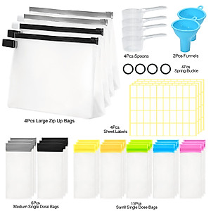 Tinrbip Protein Powder Container To Go, 25Pcs Protein Powder Travel Containers Set Include 21Pcs Single Dose Bags and 4Pcs Large Zip Up Bags, 2Pcs Funnels, 4Pcs Spoons and Sheet Labels, Spring Buckle