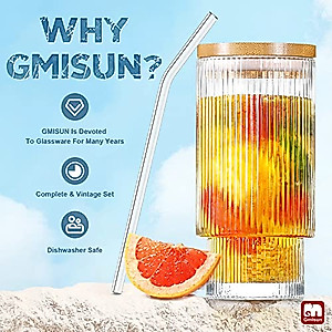 GMISUN Glass Cups with Lids and Straws, Iced Coffee Cups with Lids, Ribbed Glassware, Drinking Glasses with Bamboo Lids, Cocktail Glasses Vintage Glassware 12oz for Cocktail, Gift