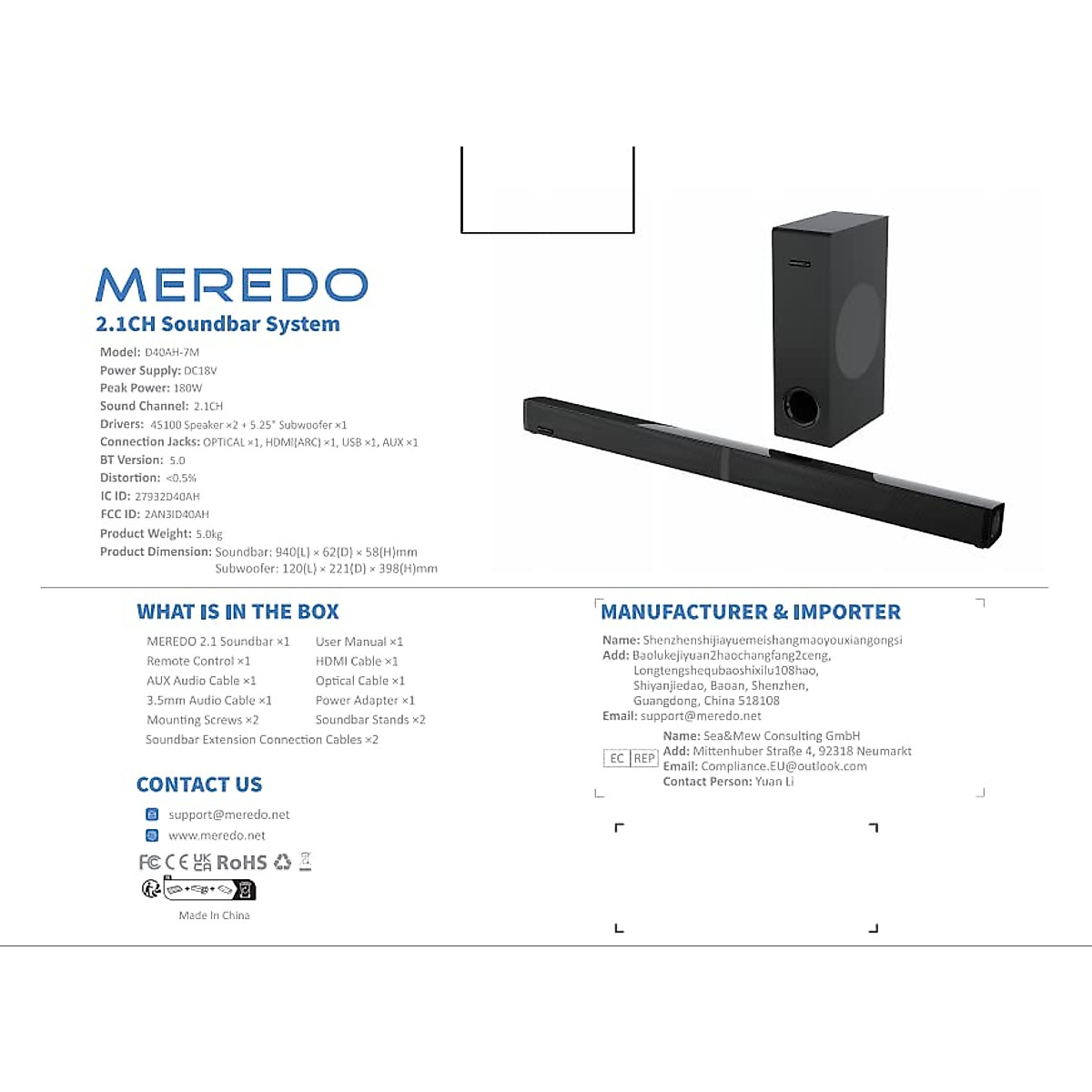 MEREDO Sound bar with Subwoofer 180W Detachable 2 in 1 Sound Bars for TV 2.1CH Treble & Bass Adjust 5 EQ Modes ARC/Optical/AUX/Bluetooth 12L Deep Bass for Home Theater Wall Mount-37 Inch