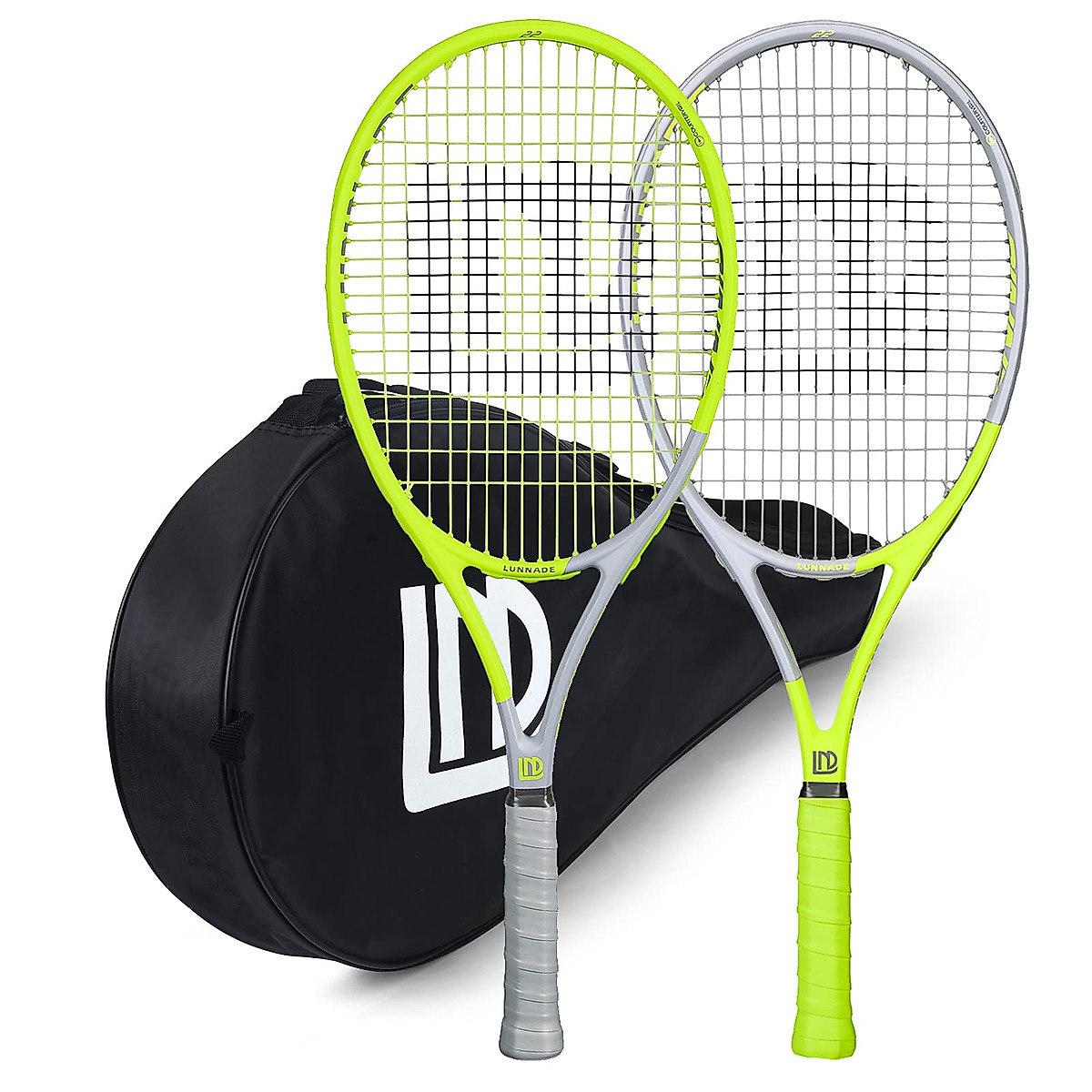 LUNNADE Adults Tennis Racket 2 Pack, Durable 27 Inch Coupled Tennis Racquet Light-Weight, Pre-Strung and Regrip, Suitable for Beginners to Intermediate Players