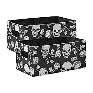 Vbadag Home Storage Baskets for Organizing, Black White Roses and Skulls 2 Pcs Collapsible Storage Bins for Shelves, Home Decorative Felt Storage Bin for Playroom Living Room