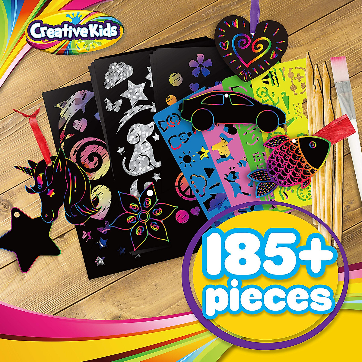 Creative Kids Rainbow Scratch Paper Craft Set - 185 Pieces Scratch Paper Art Kit - Black Scratch Off Pad - Magic Scratchboard Sheets, Stencils - Great Family Activity - Gift for Girls and Boys 4+