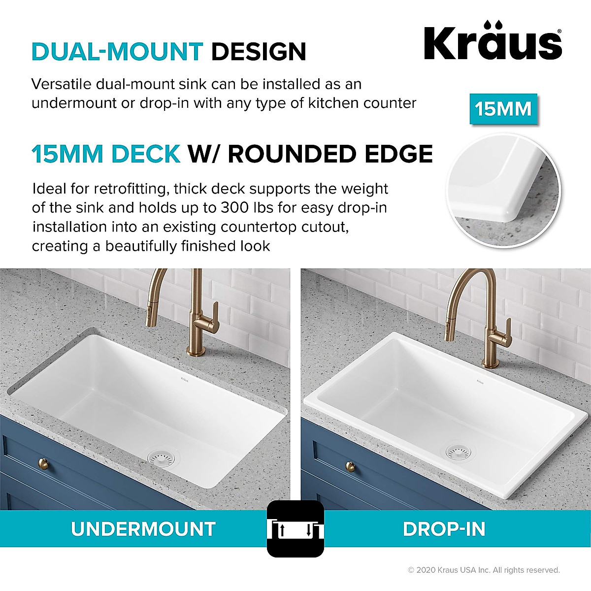 KRAUS Turino™ 30” Drop-In Undermount Fireclay Single Bowl Kitchen Sink with Thick Mounting Deck in Gloss White, KFD1-30GWH