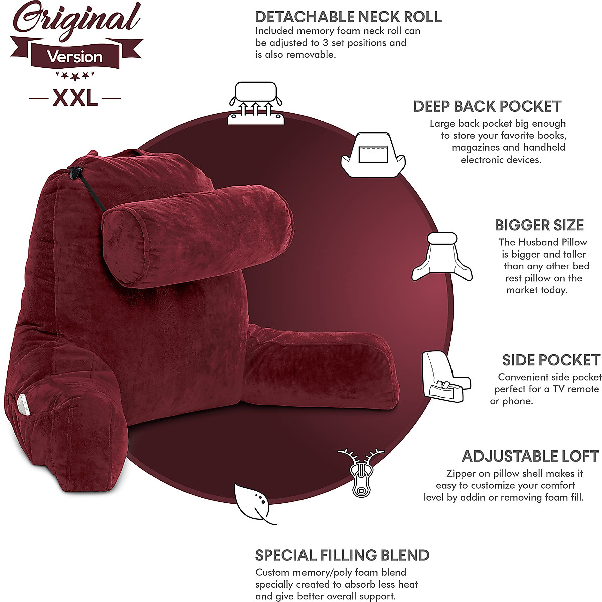 Husband Pillow Combo - Backrest Pillow with Arms : XXL Maroon & Foldable Laptop Tray : Brown - Memory Foam Reading Pillows for Bed w/Removable Neck Roll & Laptop Bed Tray Table
