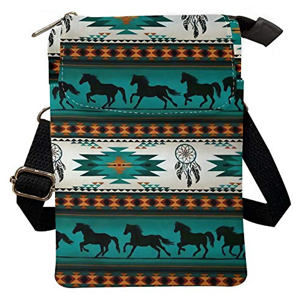GIFTPUZZ Aztec Horses Print Shoulder Bags Purse Mini Messenger Pouch for Womens Girls Cross Body Bag Travel Handbags Sling Satchels Zipper Wallet Large Storage Organizer Dreamcatcher Green