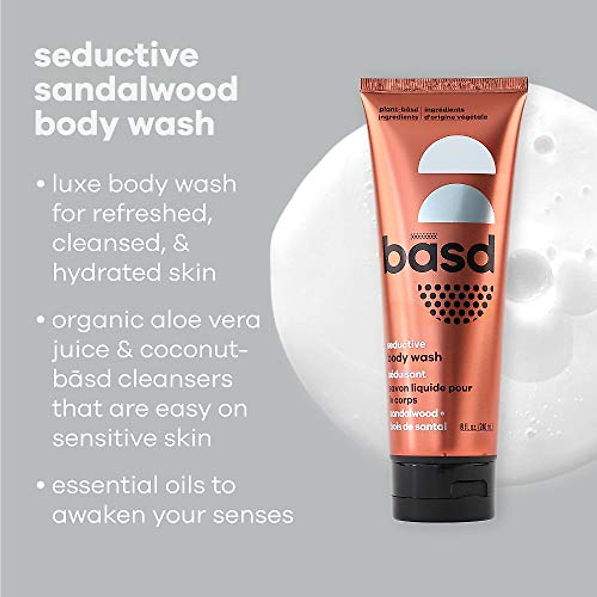 basd Natural Body Wash, Seductive Sandalwood | Organic & Moisturizing Ingredients, Vegan, Hypoallergenic, 8 Ounce Tube